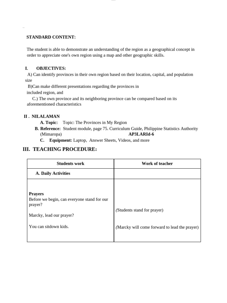 Standard Content:: Iii. Teaching Procedure | PDF