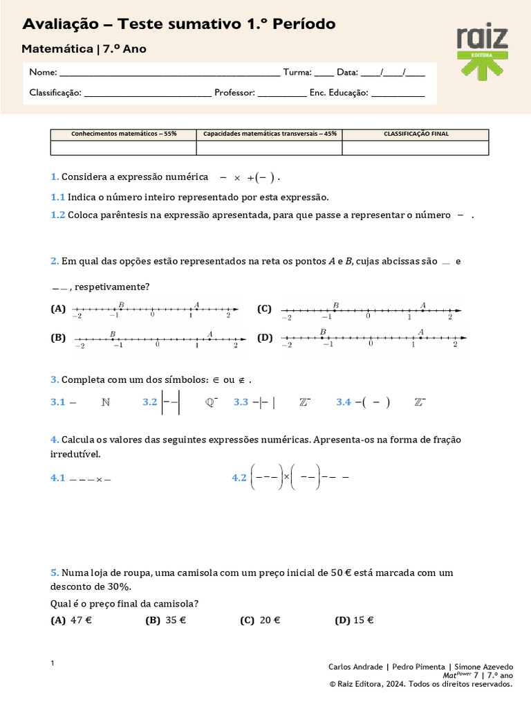 Mat7 Teste Sumativo1p | PDF
