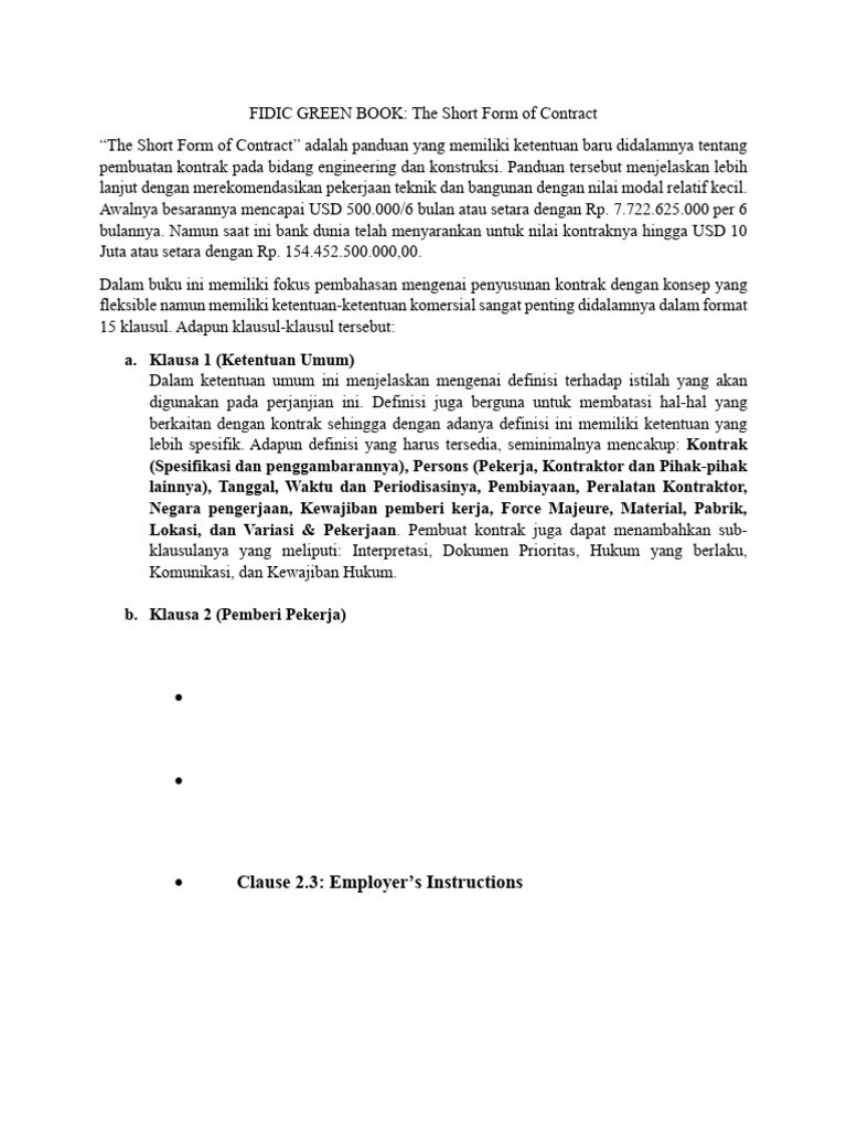 The Short Form of Contract From FIDIC Green Book | PDF