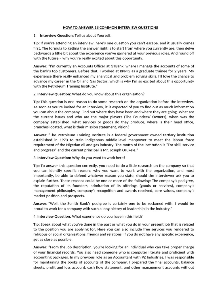 How to Answer 18 Common Interview Questions | PDF | Knowledge