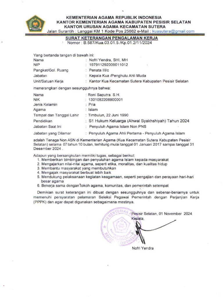 Surat Keterangan Pengalaman Kerja Roni Saputra | PDF