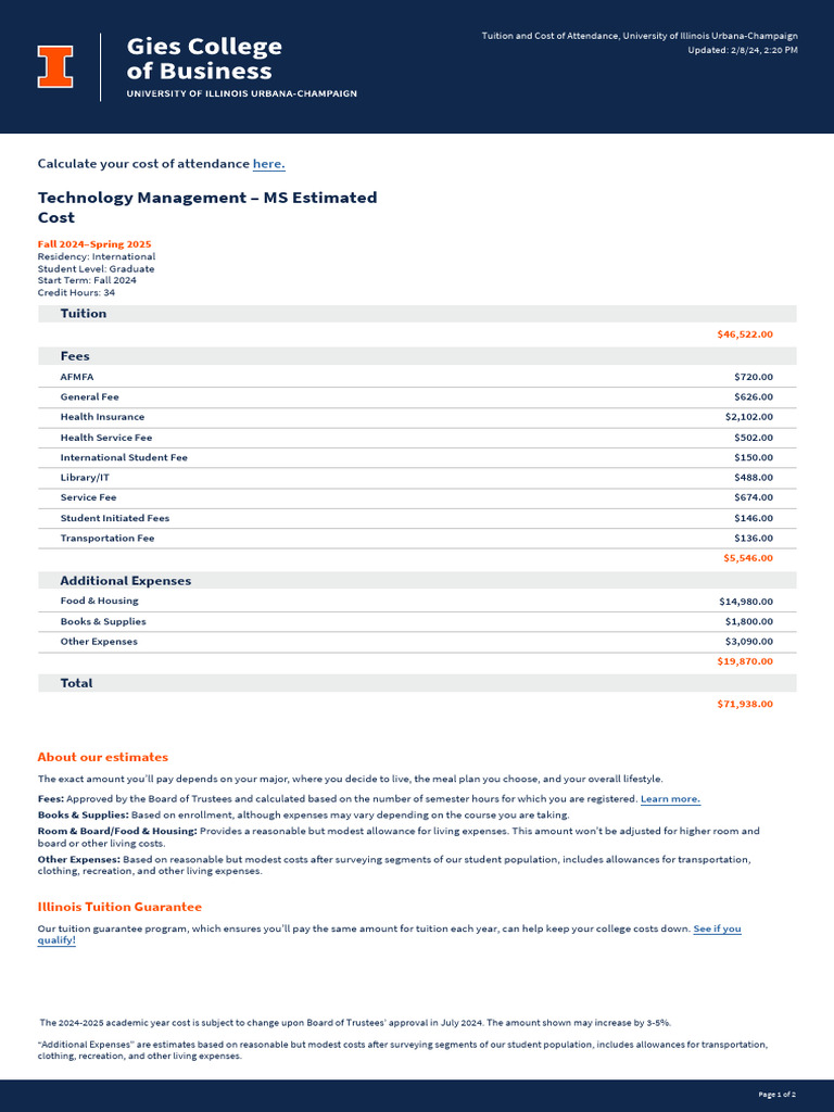 UIUC MS Tech Management Costs 2024-25 | PDF | Cost Of Living | Tuition Payments