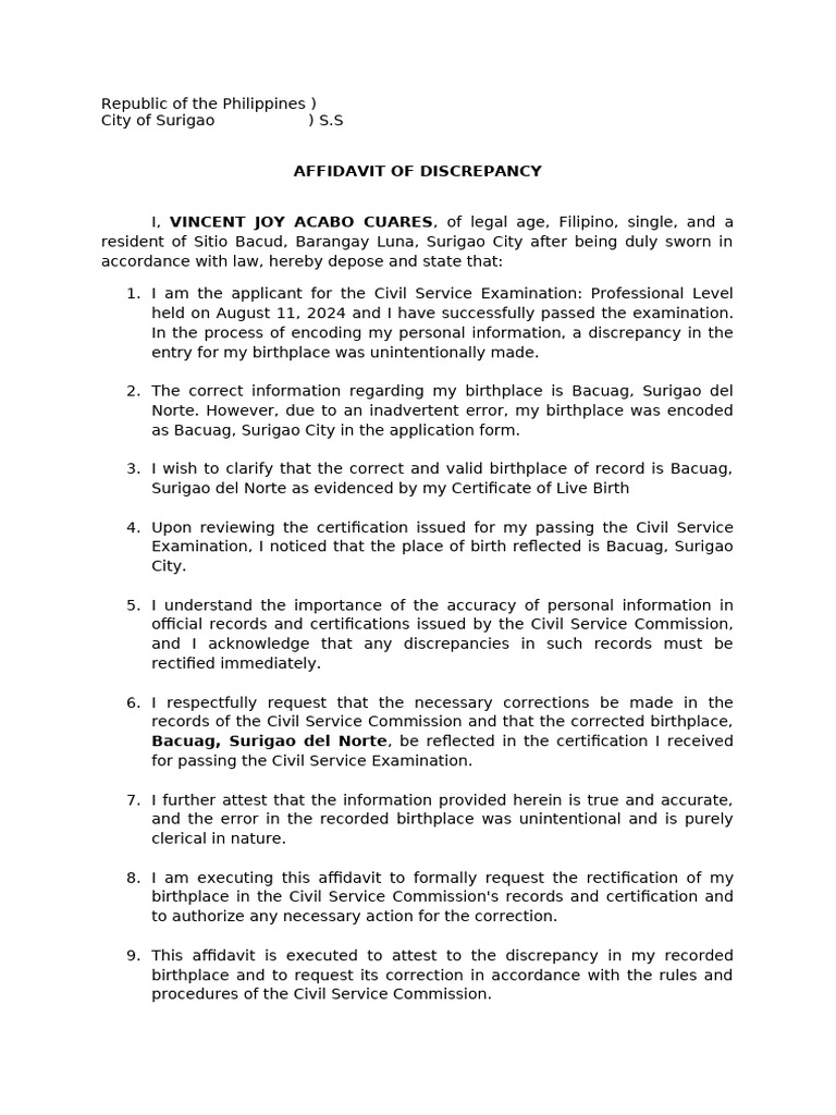Affidavit of Discrepancy-CSC | PDF | Affidavit | Civil Law (Common Law)