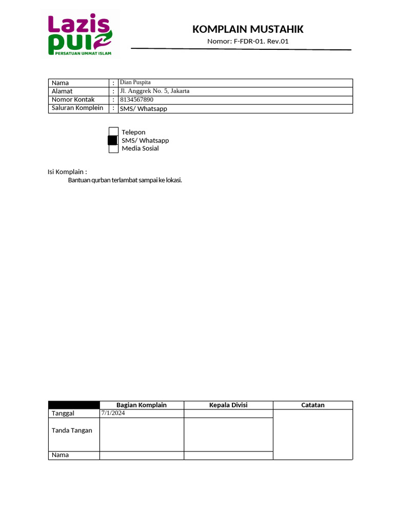 Form KOMPLAIN MUSTAHIK 10 Org | PDF