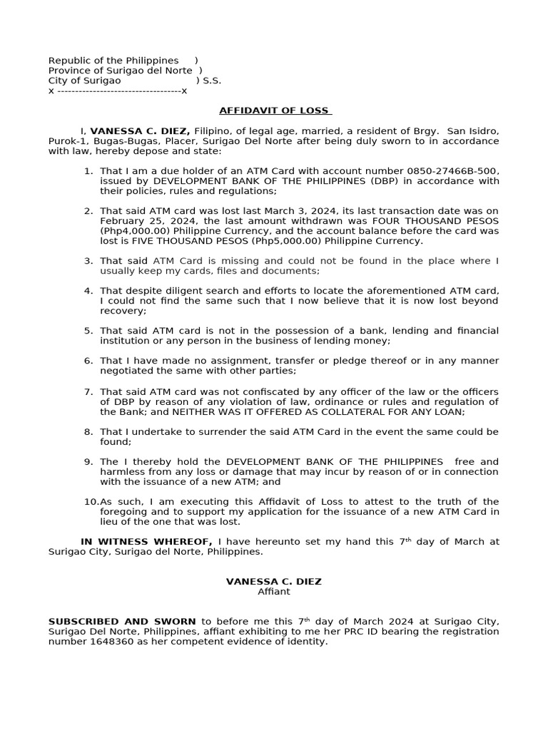AFFIDAVIT-OF-LOSS-ATM-CARD- Diez-dbp | PDF | Affidavit | Financial Services