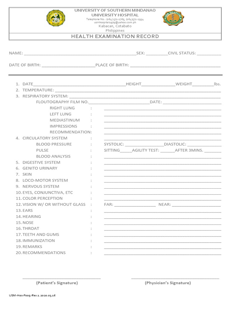 USM Health Examination Record Form | PDF | Blood Pressure | Medical ...