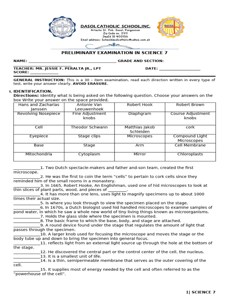 SCIENCE-7-Q2-TQS-WITH-TOS-FOR-PRELIM | PDF | Cell (Biology) | Microscope