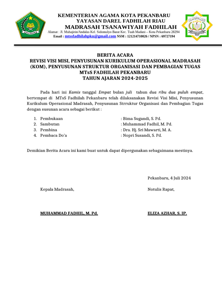 Berita Acara, Notulen, Daftar Hadir Dan Dokumentasi Revisi Visi Misi ...