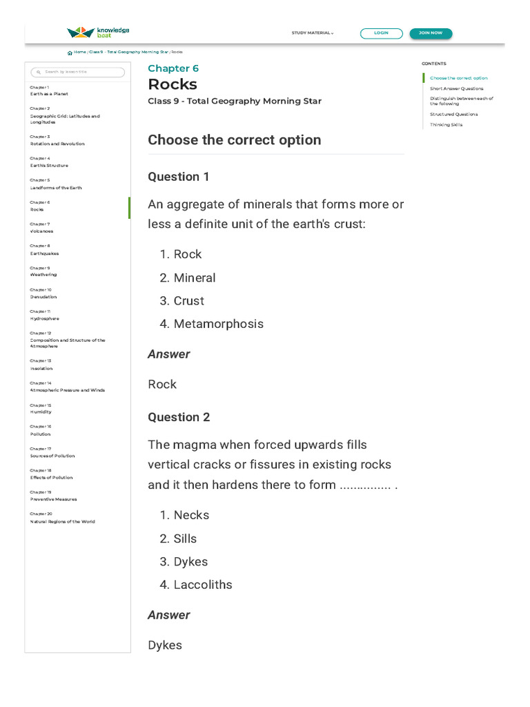 ICSE Class 9 Geography: Rocks Solutions | PDF | Rock (Geology ...