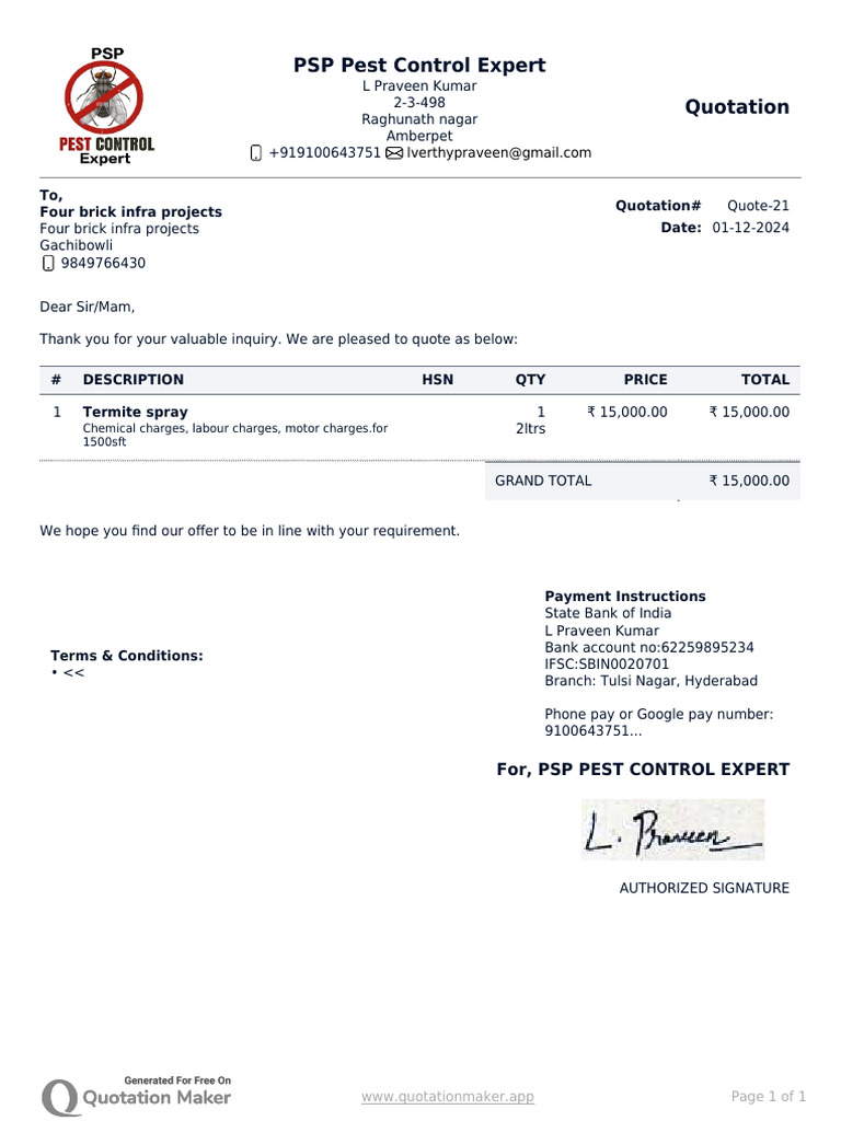 PSP Pest Control Expert Quotation: To, Four Brick Infra Projects ...