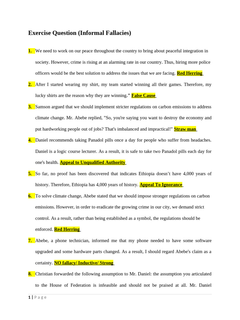 Informal Fallacies Exercise Examples | PDF | Fallacy | Ethiopia