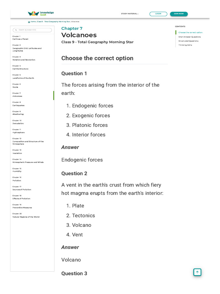 Chapter 7 Volcanoes Solutions For Class 9 ICSE Total Geograph | PDF ...