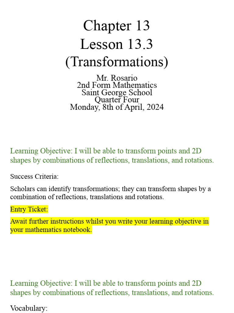 8th Grade - Chapter 13 Lesson 13.3 (Transformations) | PDF