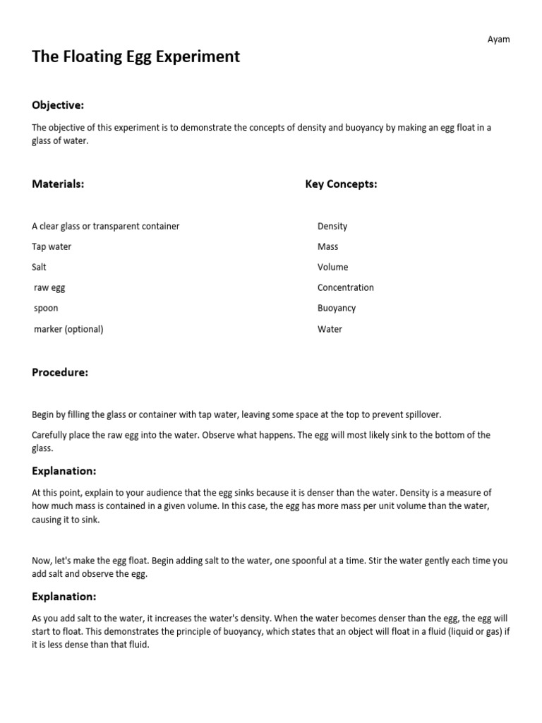 The Floating Egg Experiment | PDF | Buoyancy | Density