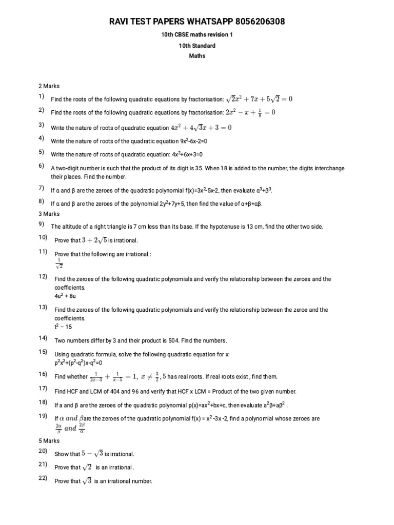 Maths Practice Questions 1Q | PDF | Quadratic Equation | Polynomial