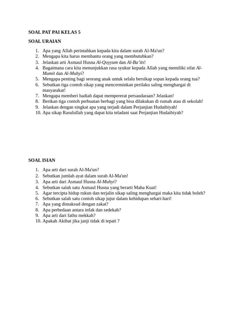 Soal Pat Pai Kelas 5 Des. 2024 | PDF