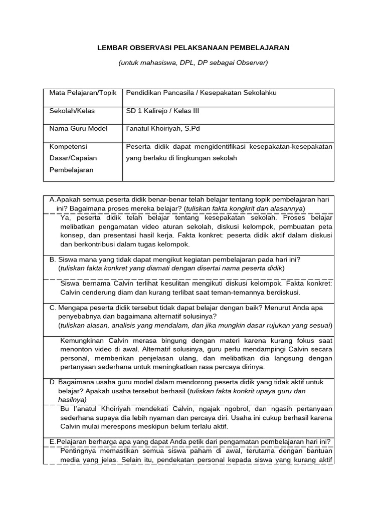 Lampiran 5. LK 4 Format Lembar Observasi Pelaksanaan Pembelajaran Untuk Observer | PDF