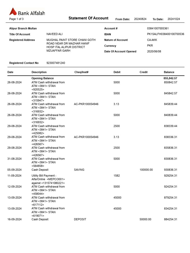 Statement of Account | PDF | Banks | Automated Teller Machine