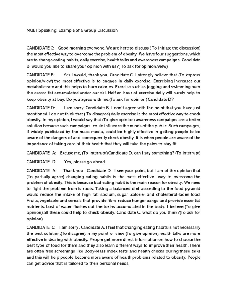 MUET Speaking Sample and Guidelines | PDF | Foods | Obesity