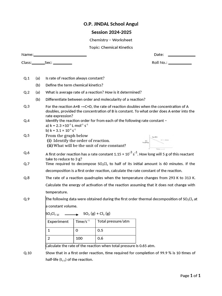 Class 12 Chemical Kinetics Worksheet | PDF | Reaction Rate | Chemical ...