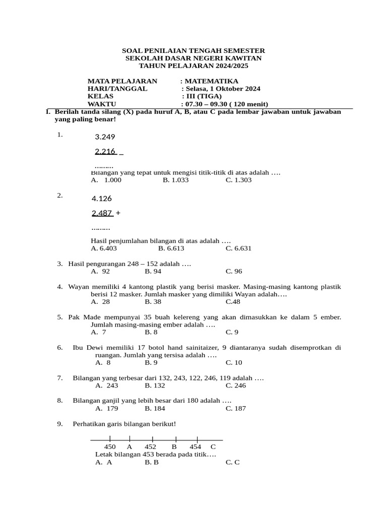 Soal Pts MTK Kelas 3 | PDF