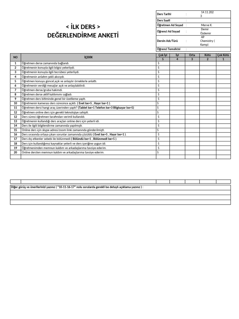 Online İlk Ders Değerlendirme Anketi | PDF
