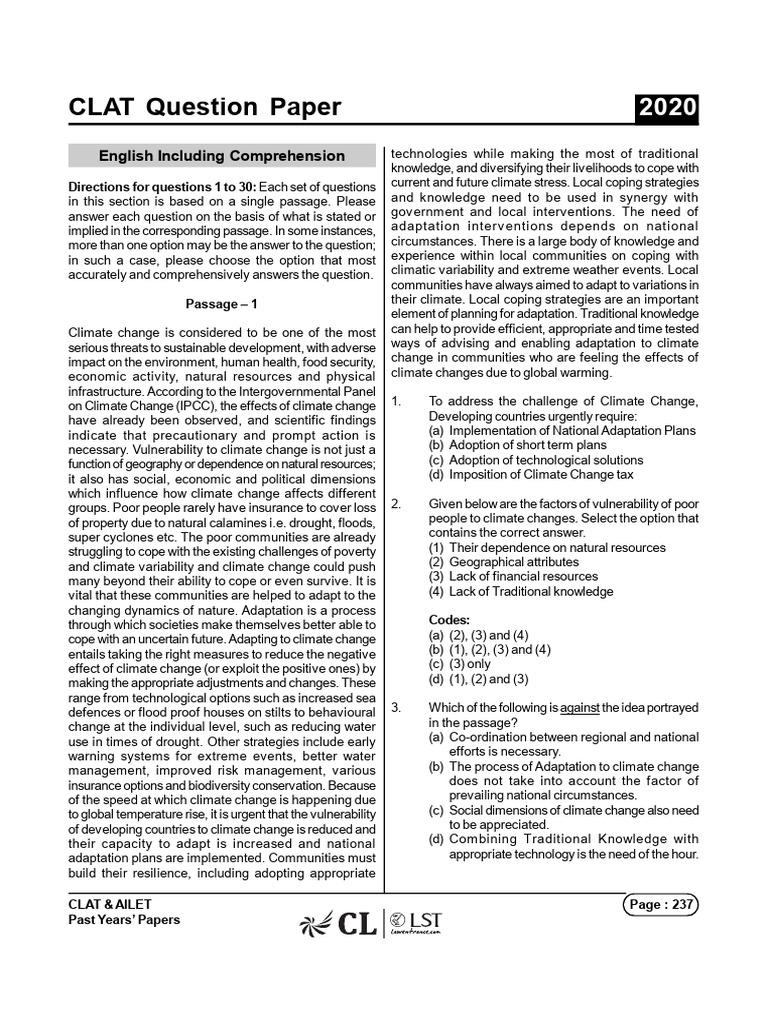 CLAT Actual Paper 2020 - Qs+Sol | PDF | Climate Change | Climate Resilience