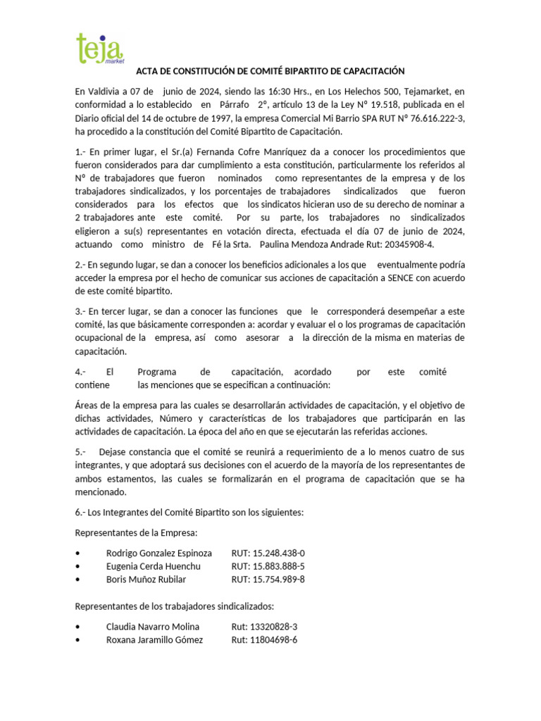 ACTA DE CONSTITUCIÓN DE COMITÉ BIPARTITO DE CAPACITACIÓN | PDF | Gobierno