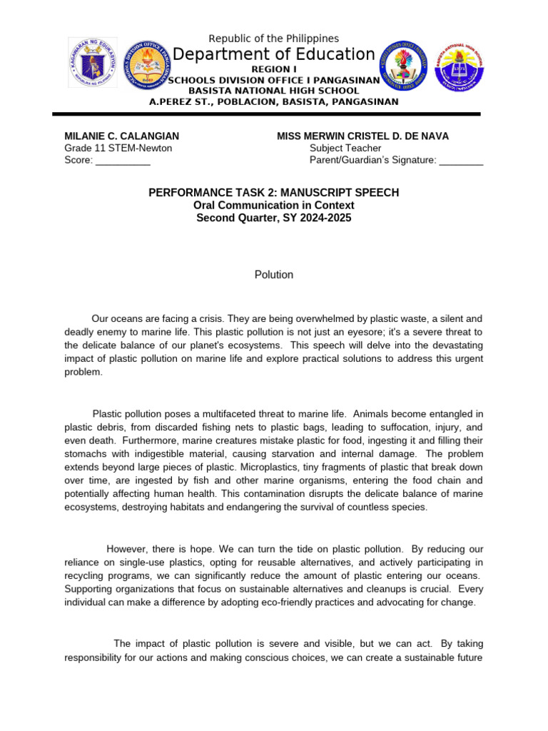 PT2 OCC Manuscript Speech Template 1 | PDF | Pollution | Human Impact ...