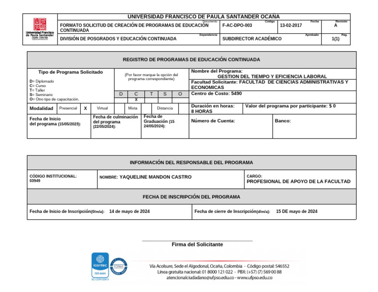F-AC-DPO-003 - FORMATO SOLICITUD DE CREACIÓN DE PROGRAMAS DE EDUCACIÓN CONTINUADA - Rev A | PDF