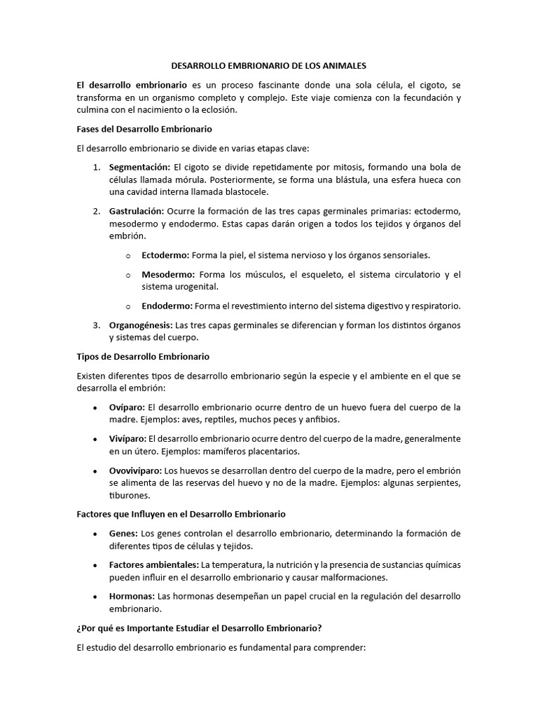 Desarrollo Embrionario de Los Animales | PDF | Embrión | Biología