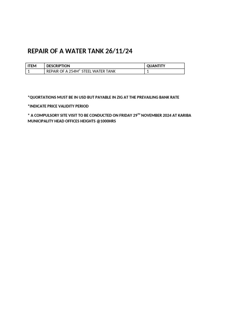 Water Tank Repair Quotation Request | PDF