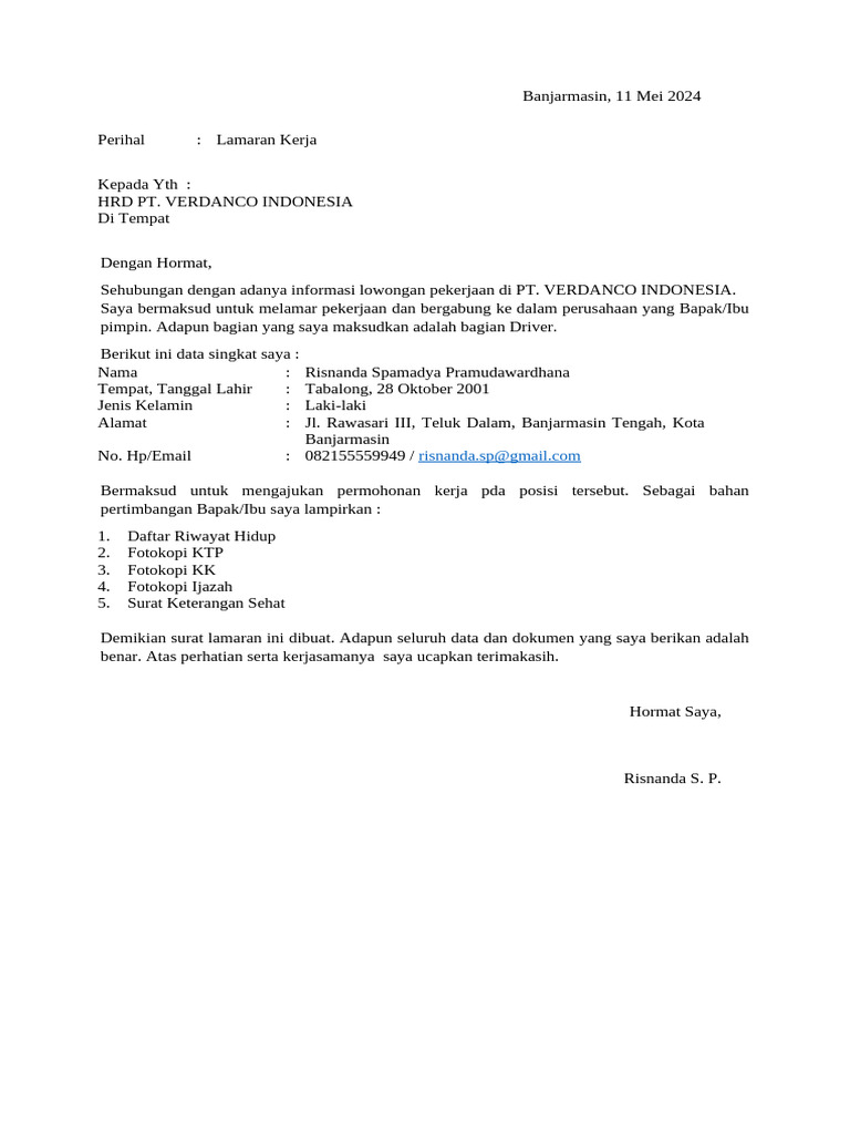 Lamaran Kerja Driver di Verdanco Indonesia | PDF