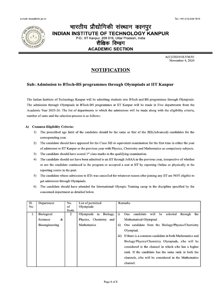 Iitk Olympiad Admissions | PDF