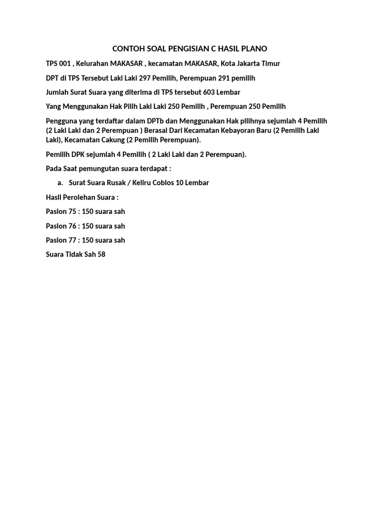 Contoh Soal Pengisian c Hasil Plano Tps 001 s.d 054 Kel. Makasar | PDF