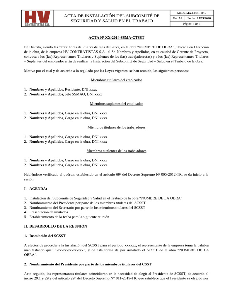 MC-SSMA-E004-FR17 Acta Instalación SCSST Ver.01 | PDF | Gobierno