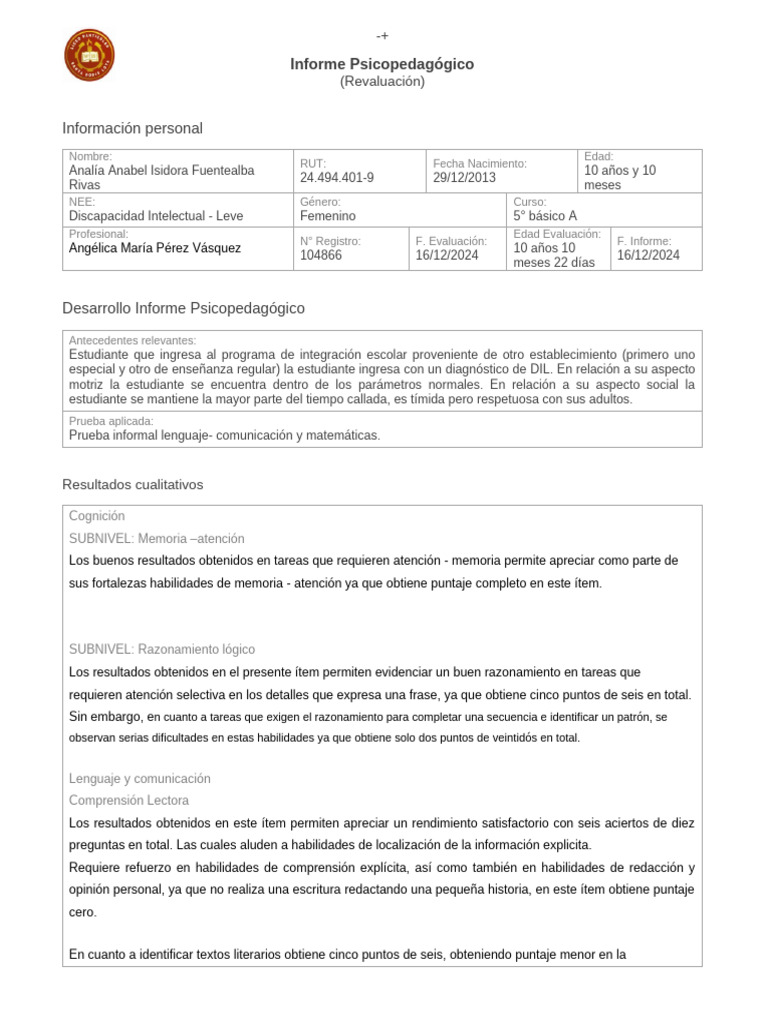 Analia Anabel Isidora Fuentealba Rivas - 5° Básico A - 2024 | PDF ...