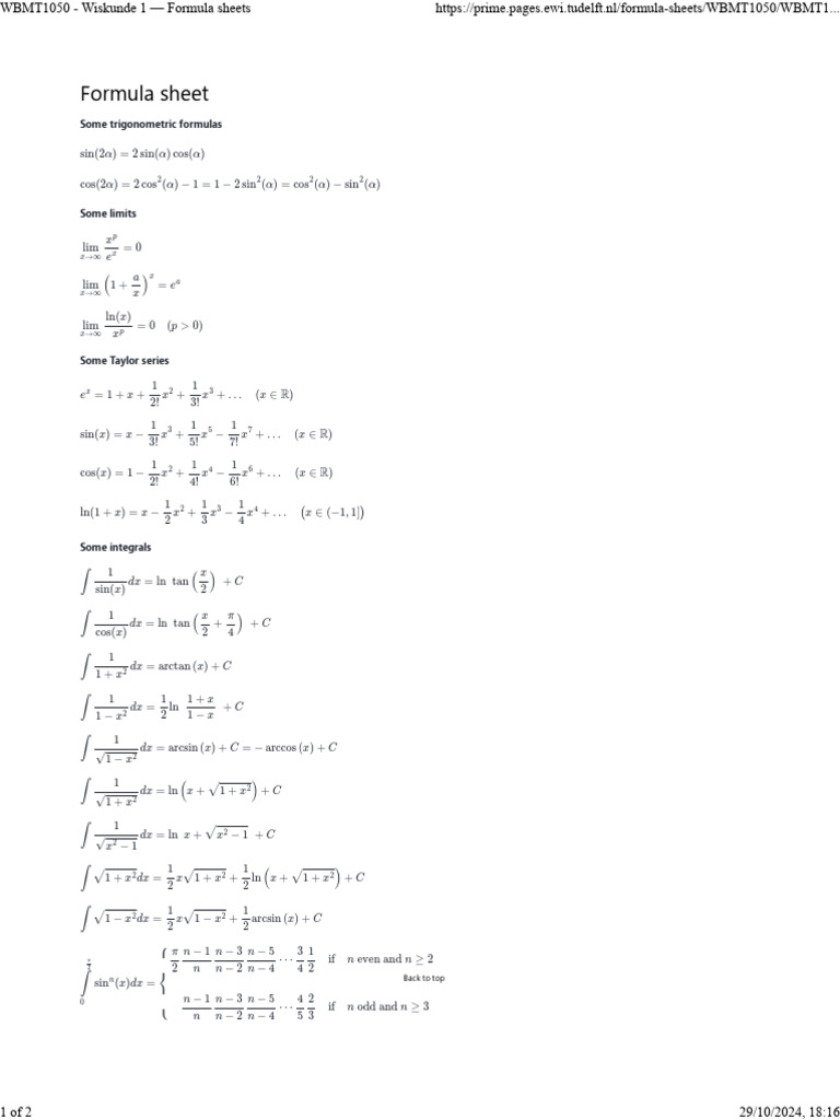 WBMT1050 - Wiskunde 1 — Formula Sheets Sigma | PDF | Functions And Mappings | Mathematical Concepts