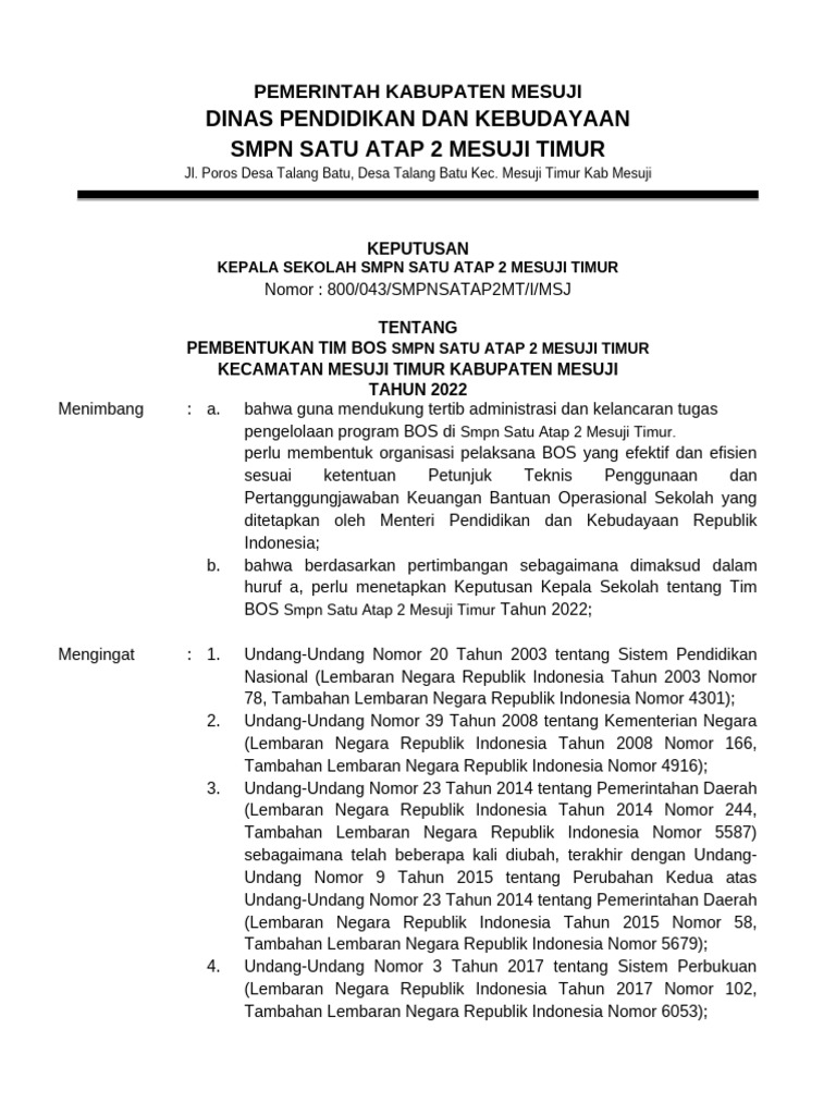 Pembentukan Tim BOS SMPN 2 Mesuji Timur | PDF