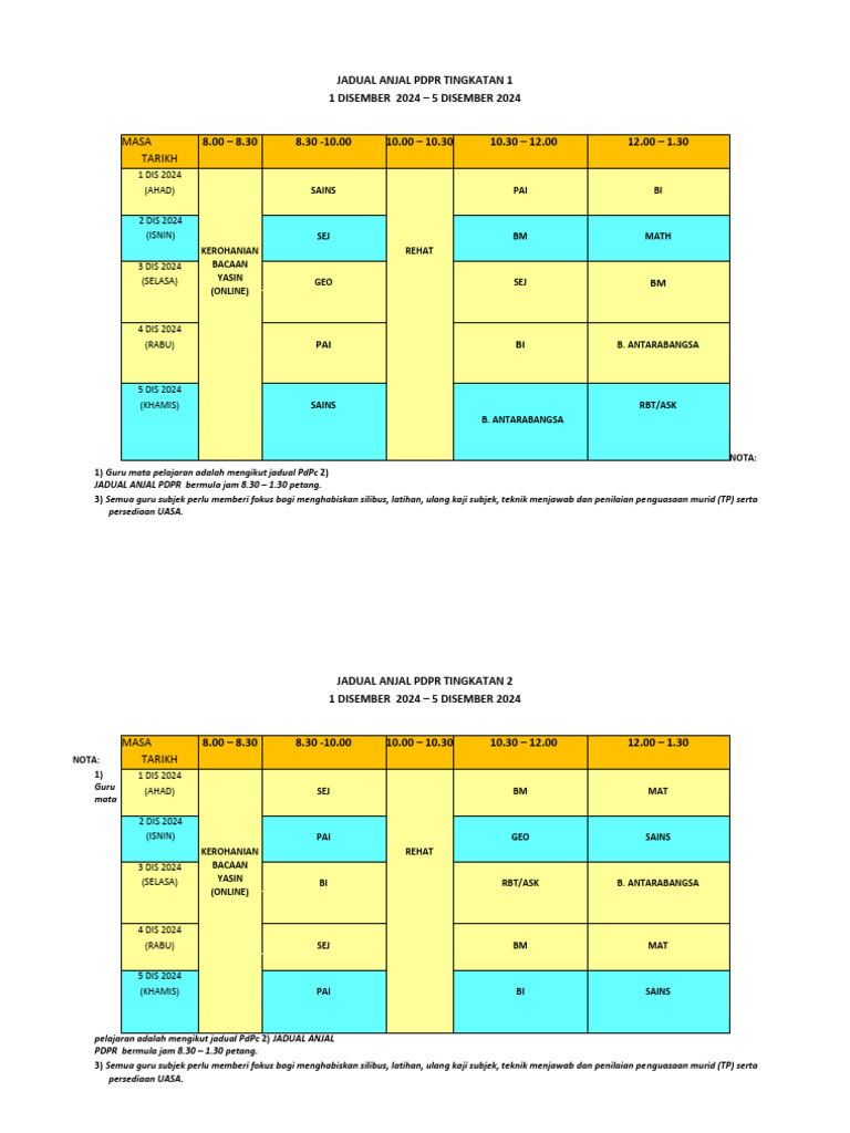 Jadual Anjal Pdpr Ting. 1,2 Dan 3 | PDF