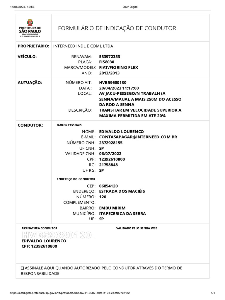 Formulário de Indicação de Condutor | PDF | Transporte terrestre ...