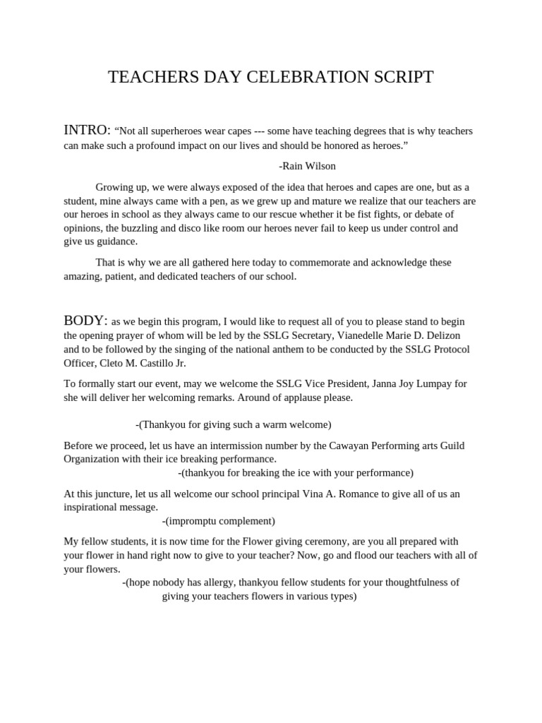 Teachers Day Celebration Script | PDF