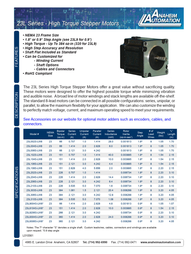 L010561 - 23L Series Spec Sheet | PDF | Electric Motor | Electromagnetism