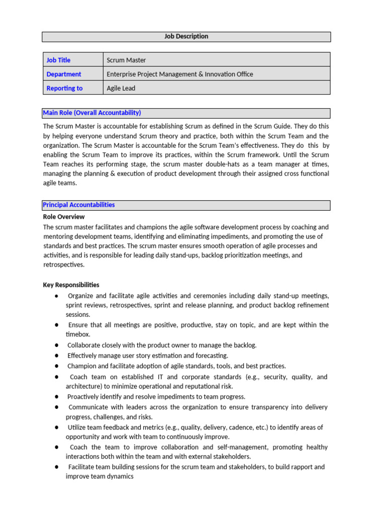 JD - Scrum Master-1 | PDF | Scrum (Software Development) | Agile Software Development