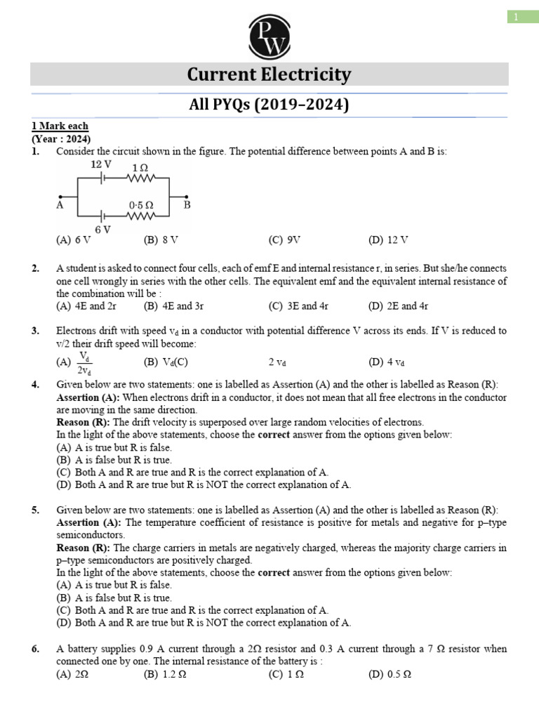 PYQs CURRENT XII CBSE | PDF | Electrical Resistance And Conductance | Series And Parallel Circuits