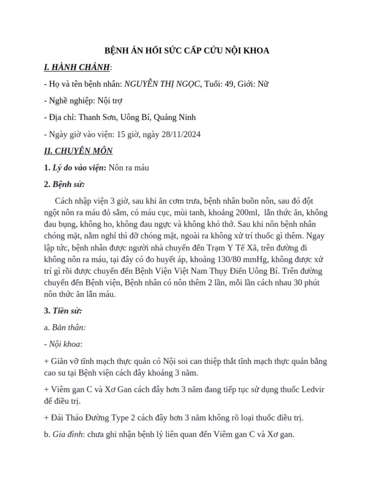 Benh An Hoi Suc Cap Cuu Noi Khoa | PDF