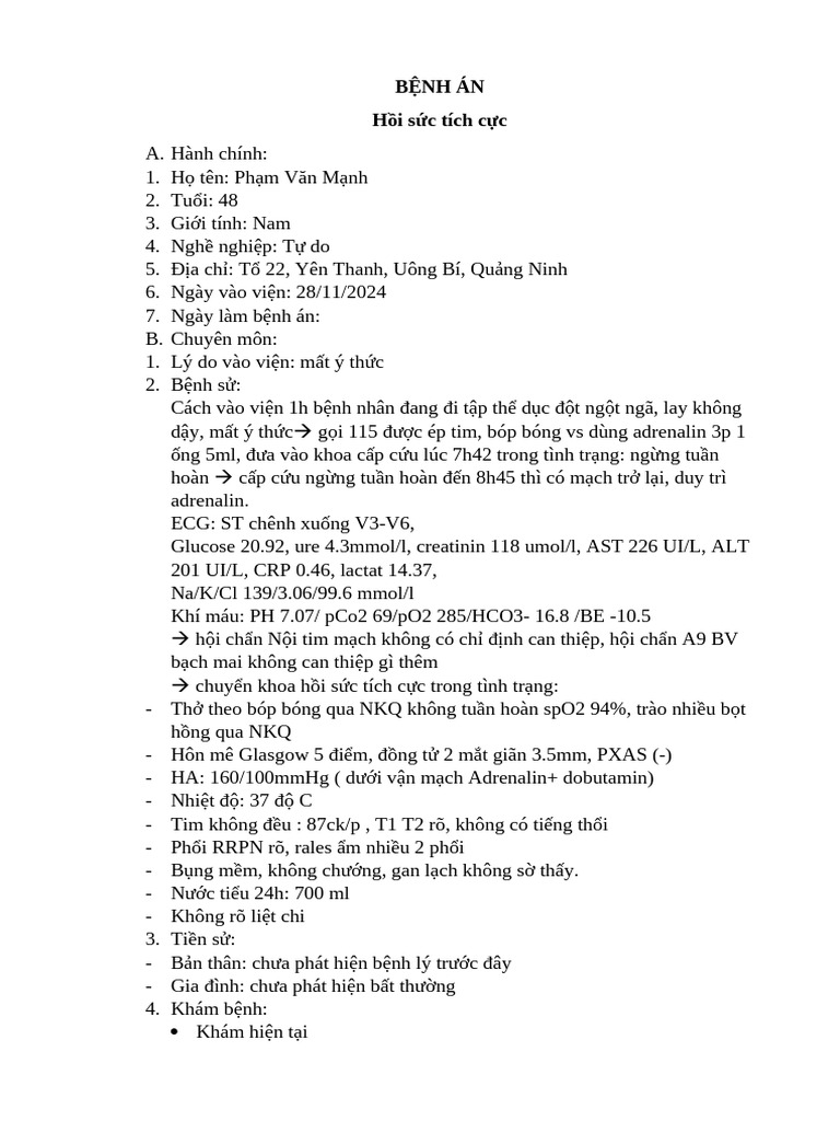Benh an Hoi Suc Cap Cuu Benh Nhan Ngung Tim | PDF
