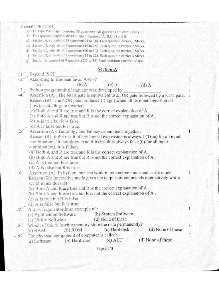 Computer Science Previous Year Question Paper 01 | PDF