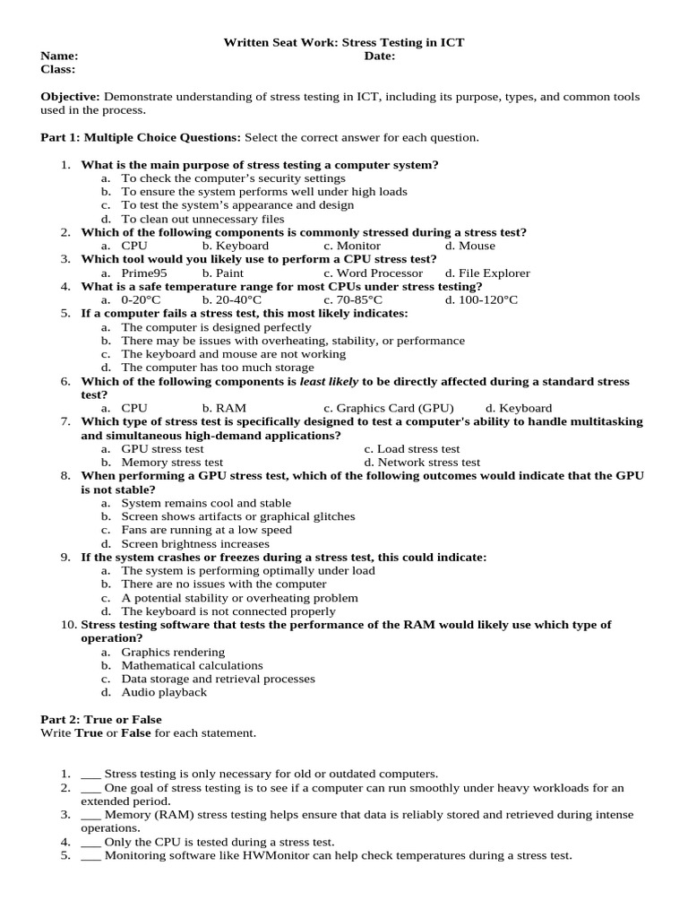 Written Seat Work Stress Testing | PDF | Central Processing Unit ...