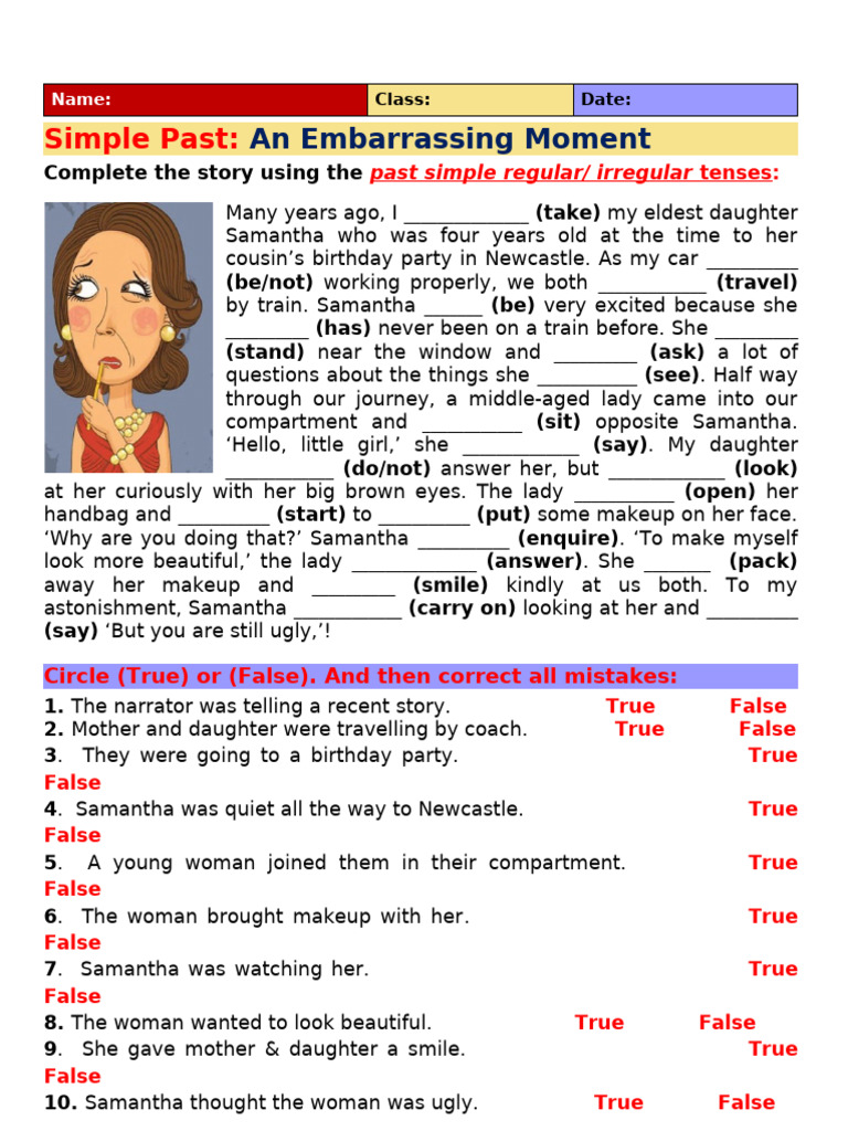 Simple Past Tenses An Embarrassing Moment Grammar Drills Reading ...